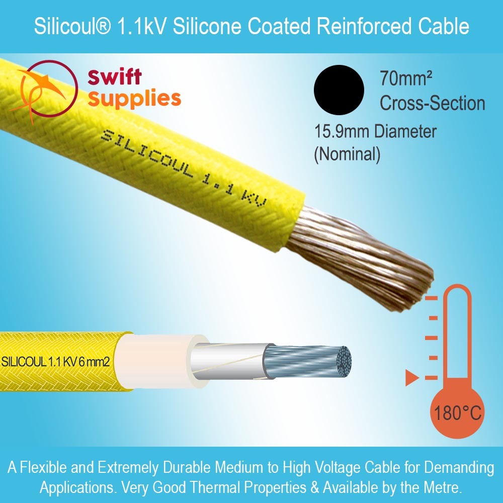 Silicoul 1.1kV Cable - 70mm², Yellow Silicone Coated, Per Metre